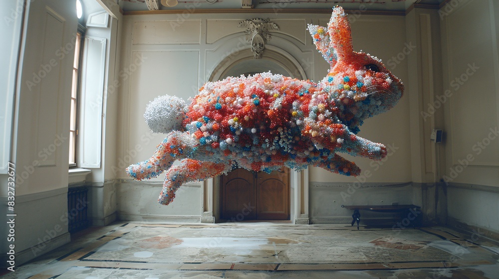 Floating art installation of a cute animal made of candy, colorful and ...