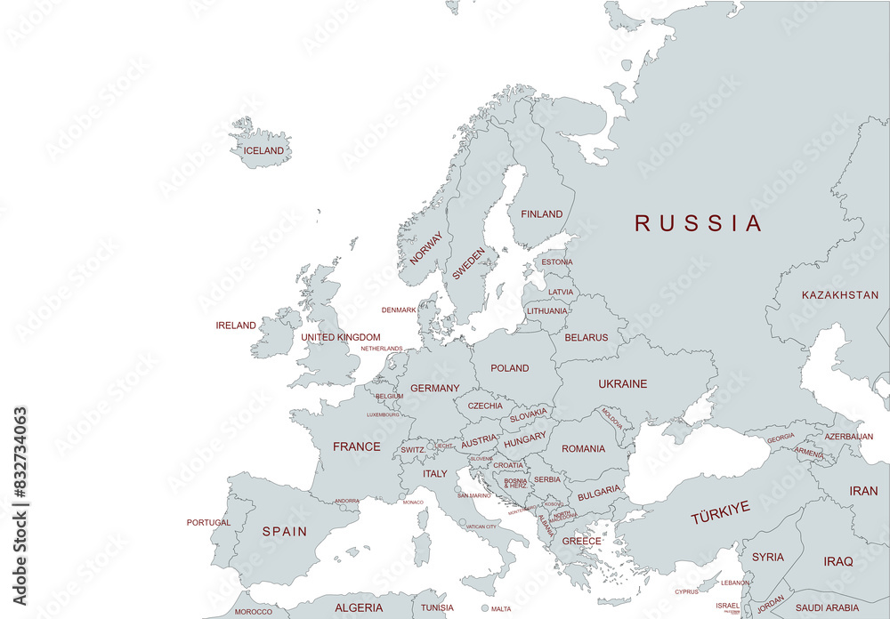 European map showing country boundaries and names Stock Illustration ...