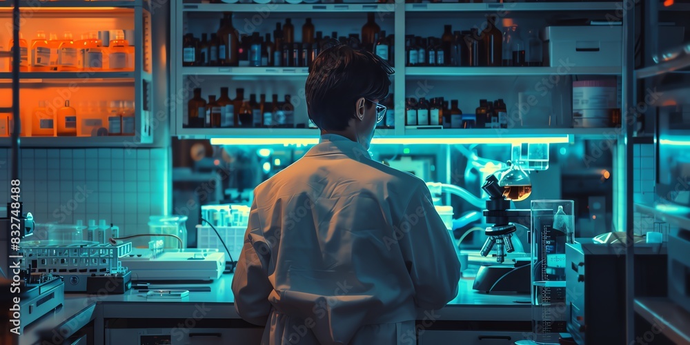 Lab technician in the lab, back view, using a spectrometer, hightech ...