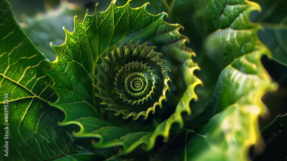 Close-up of a green leaf spiral pattern exhibiting the fibonacci ...