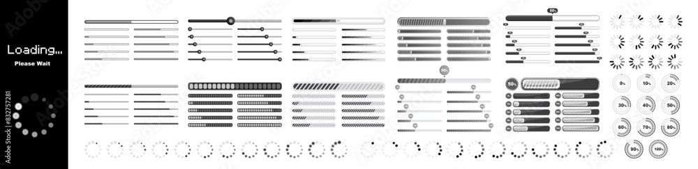 Loading icon set. Set loading bar progress icons isolated on transparent background. Download ...