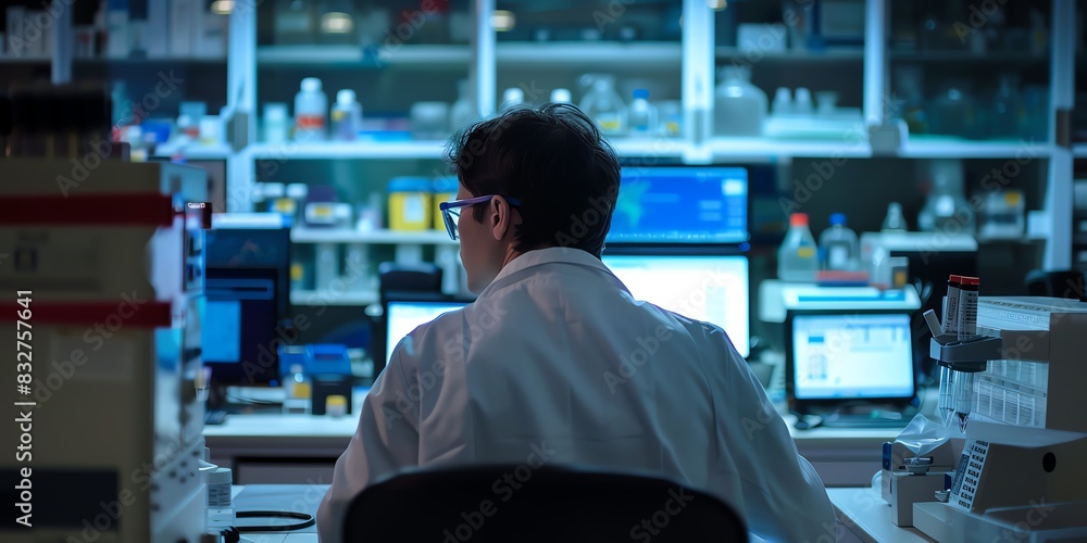 Researcher in the lab, back view, performing a titration experiment ...