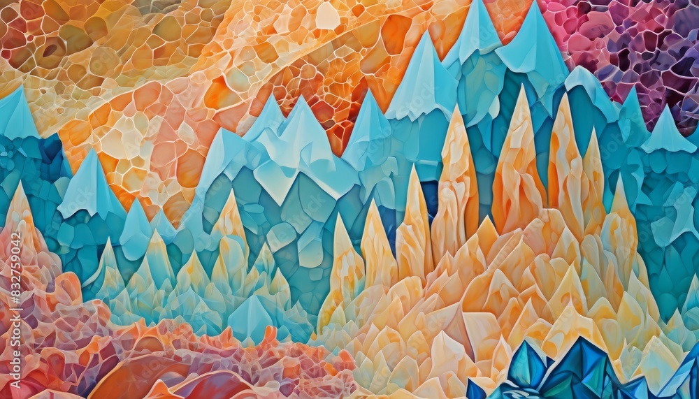Vivid, colorful abstract depiction of mountain ranges, rendered in a ...