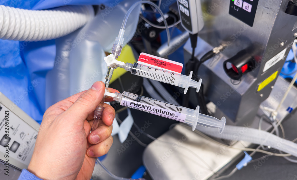 medical syringes with anesthetic drugs - propofol, midazolam, fentanyl ...