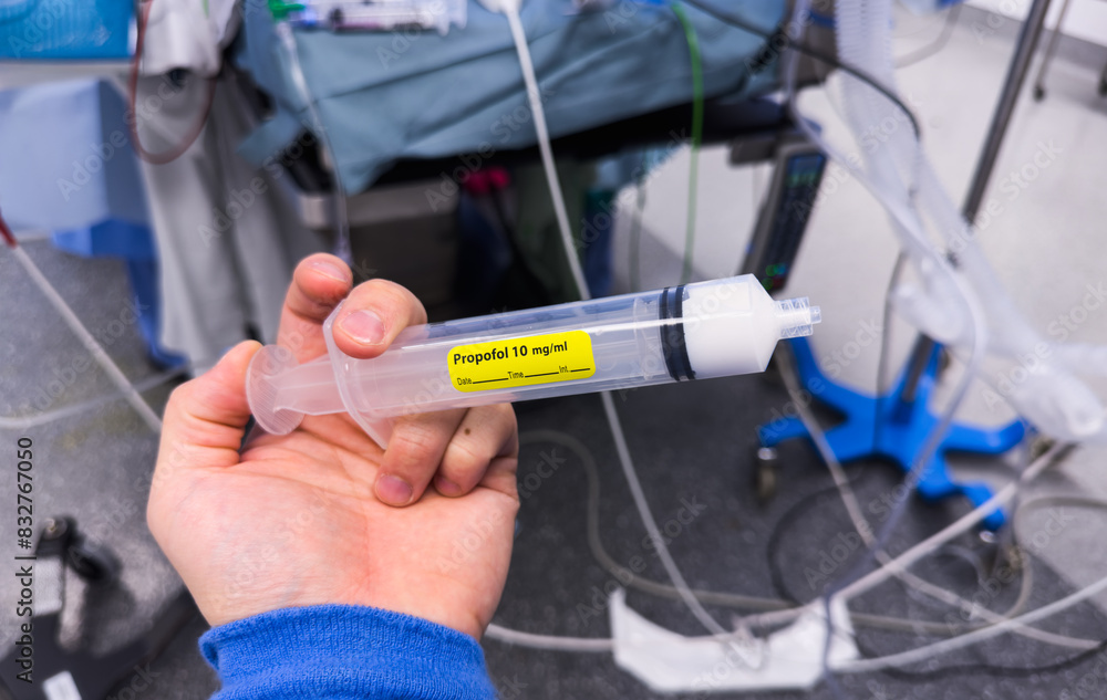 medical syringes with anesthetic drugs - propofol, midazolam, fentanyl ...