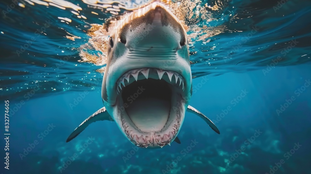 Ocean shark bottom view from below. Open toothy dangerous mouth with ...