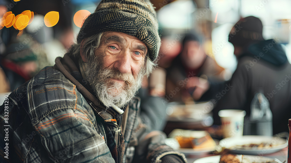Positive homeless man sits at a table in a bustling shelter dining hall ...
