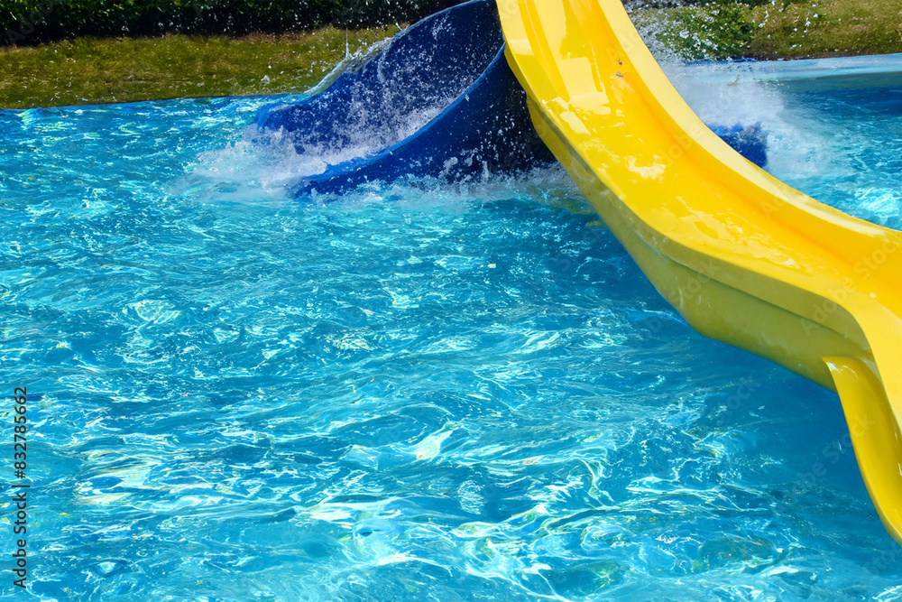 Water slides. Waterpark. Water park with water play areas, swimming ...