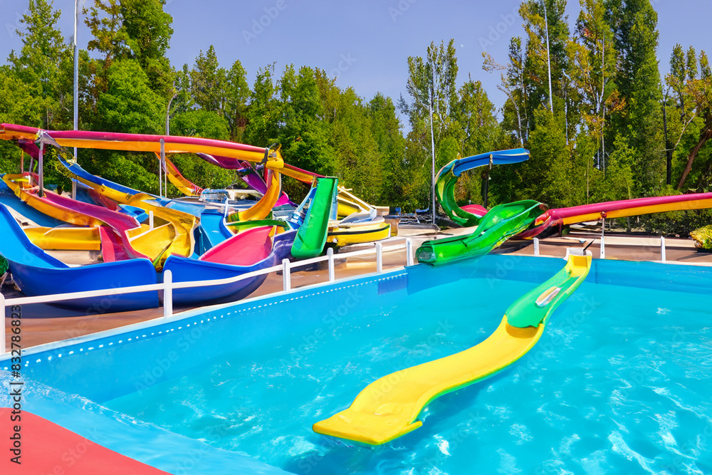 Water slides. Waterpark. Water park with water play areas, swimming ...