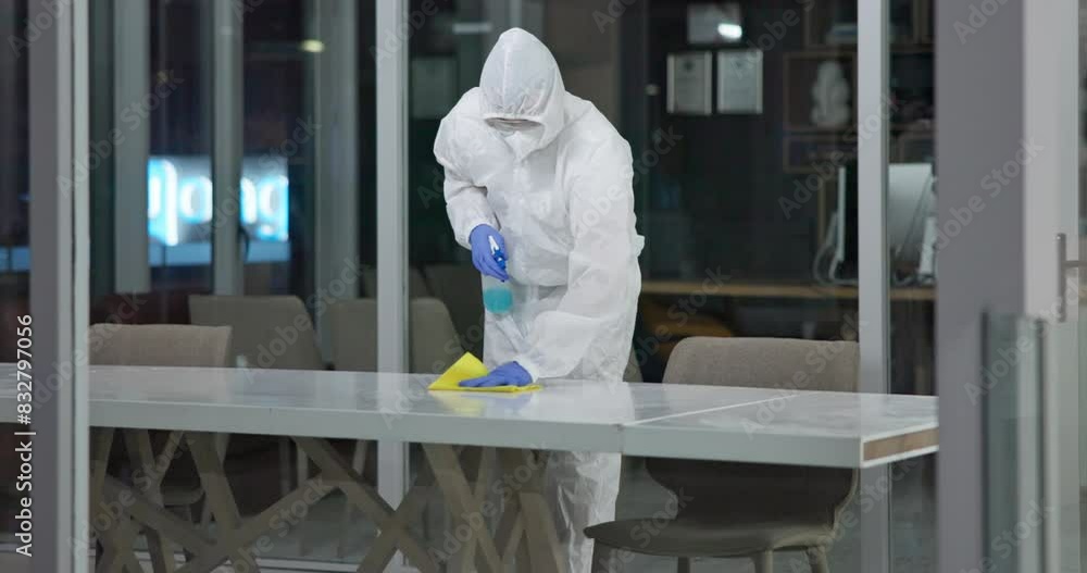 Spray, disinfect and person with hazmat suit in laboratory for germs ...