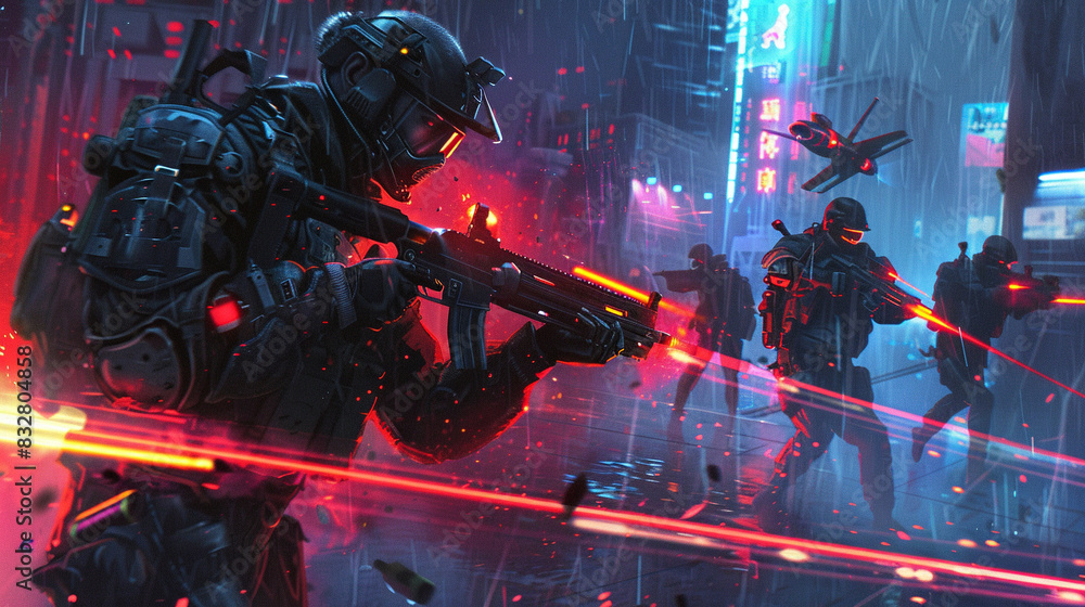 An intense cyberpunk fight scene with characters wielding high-tech ...