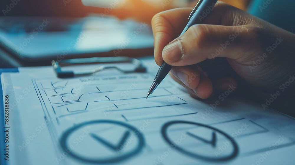 a hand holding a pen and checking off two items on a checklist. The ...