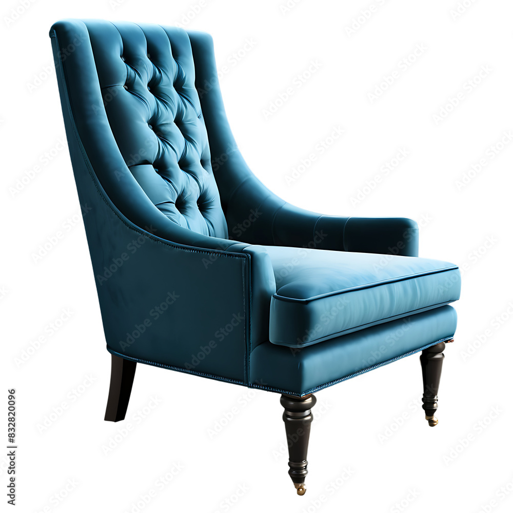 A luxurious velvet chair with a high back and deep button tufting ...