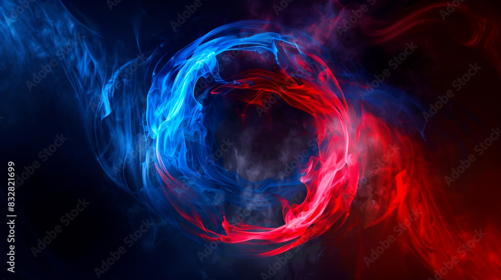 Dynamic red and blue flame swirl with smoky effects on black background ...
