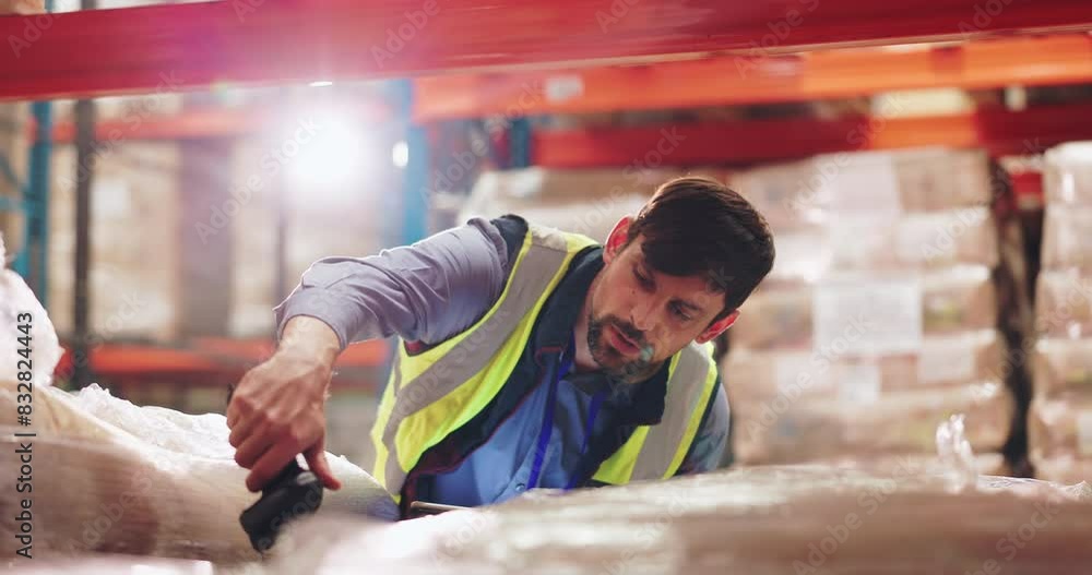 Warehouse, scanning and man with checklist, package and tablet for ...