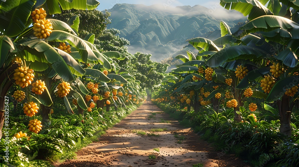 digital rendering of a tropical fruit orchard in full production with ...