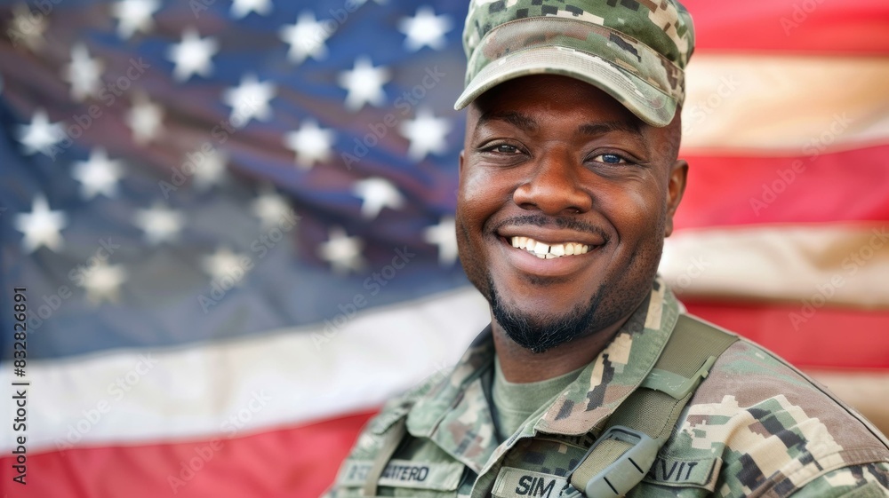 Smiling American soldier in camouflage uniform posing proudly in front ...