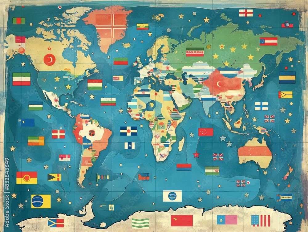 A colorful world map with flags from many countries. The map is a ...