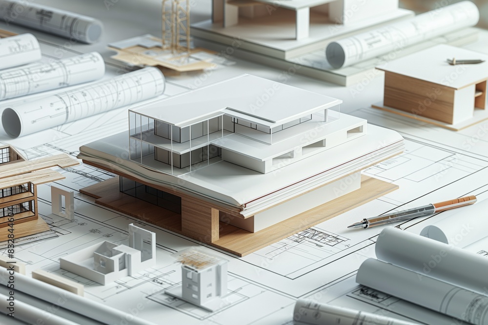 An architectural book mockup on a drafting table, surrounded by ...