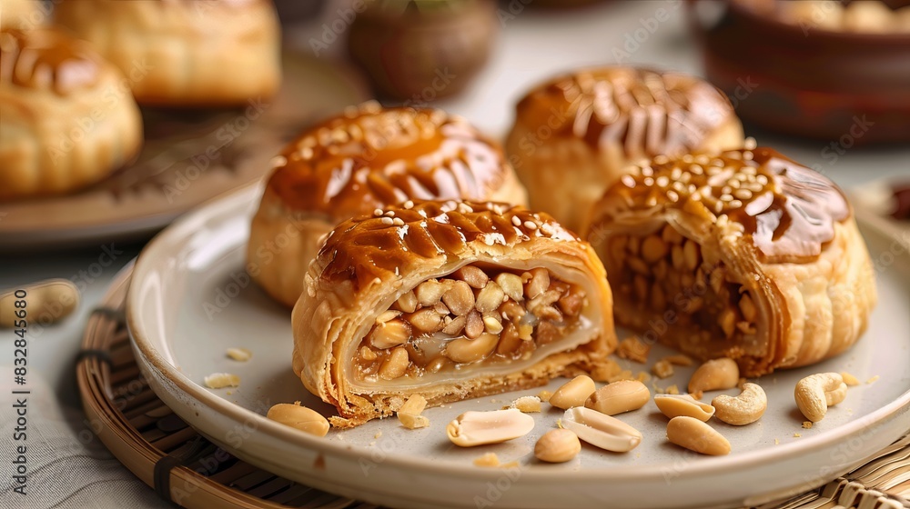 Moon cake with salted egg peanuts: A Chinese pastry filled with peanuts ...