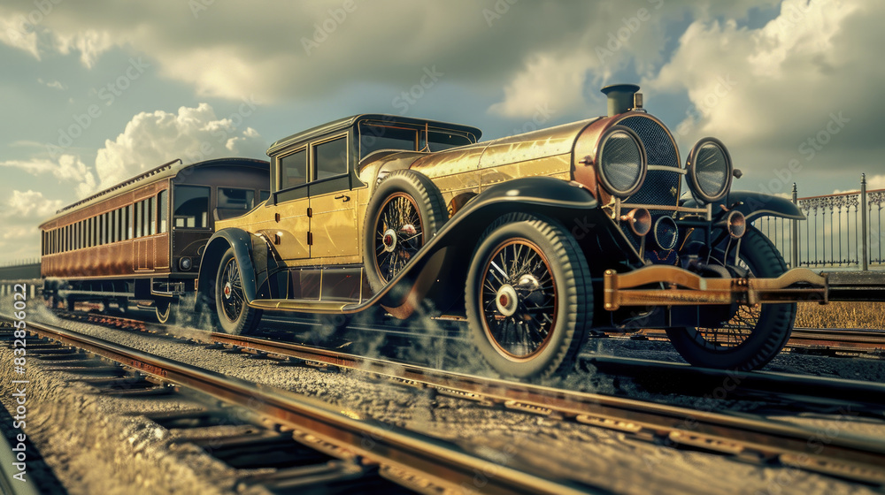 An old-fashioned car is parked on a set of train tracks, creating a ...