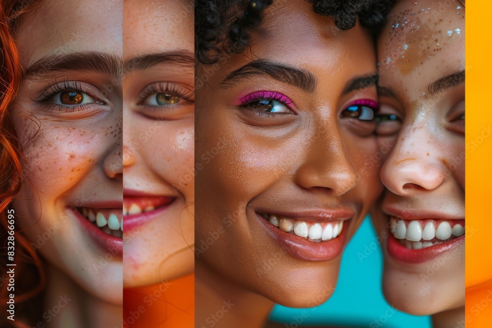 A collection of portraits featuring young, smiling women with diverse ...