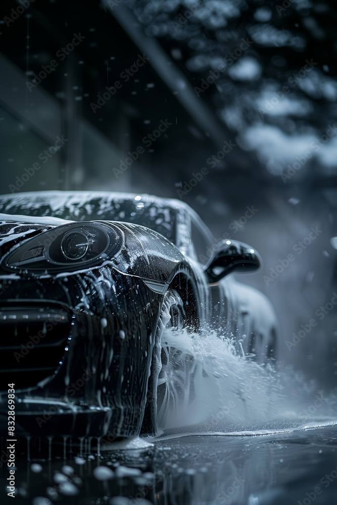 Luxury Car Close-Up with Soap Suds and Water Splash at Car Wash, Dark ...