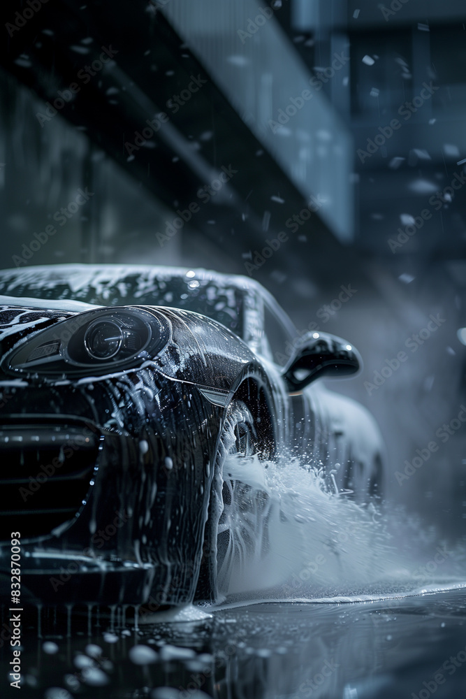 Luxury Car Close-Up with Soap Suds and Water Splash at Car Wash, Dark ...