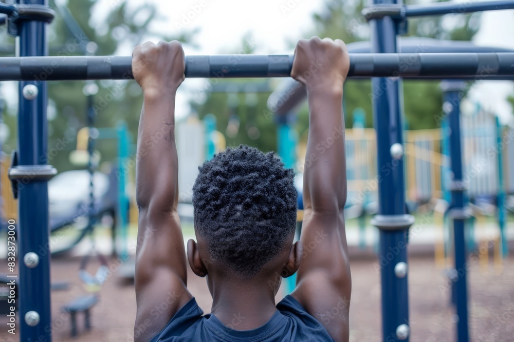 Child seen from behind as they grasp monkey bars at a playground ...