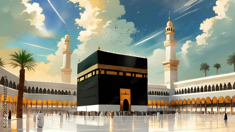 illustration of the Kaaba in Mecca during the Hajj season with a ...
