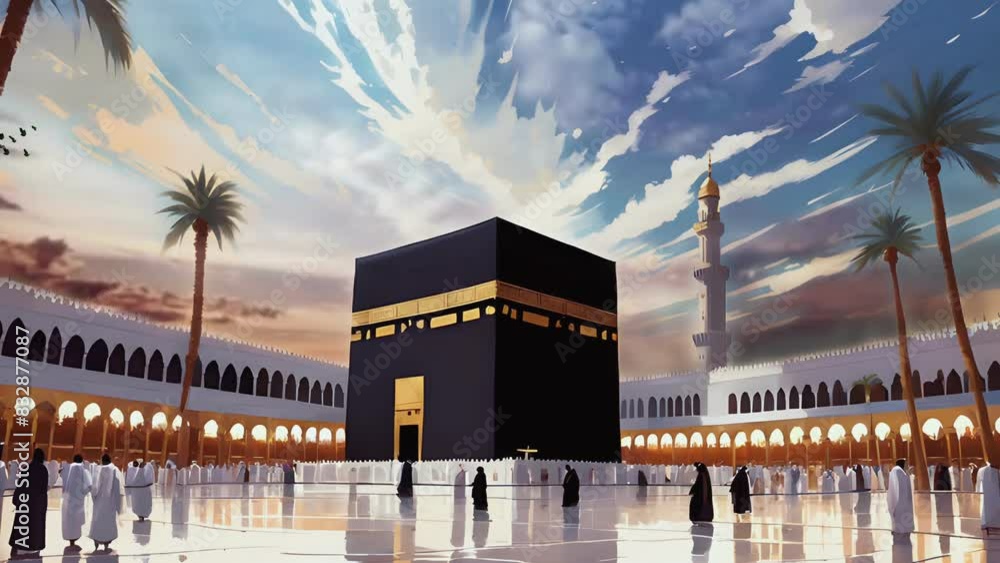 illustration of the Kaaba in Mecca during the Hajj season with clouds ...