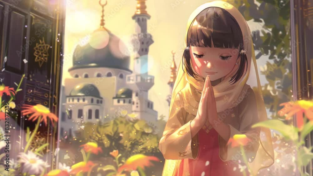 muslim woman praying at mosque, anime style Stock Video | Adobe Stock