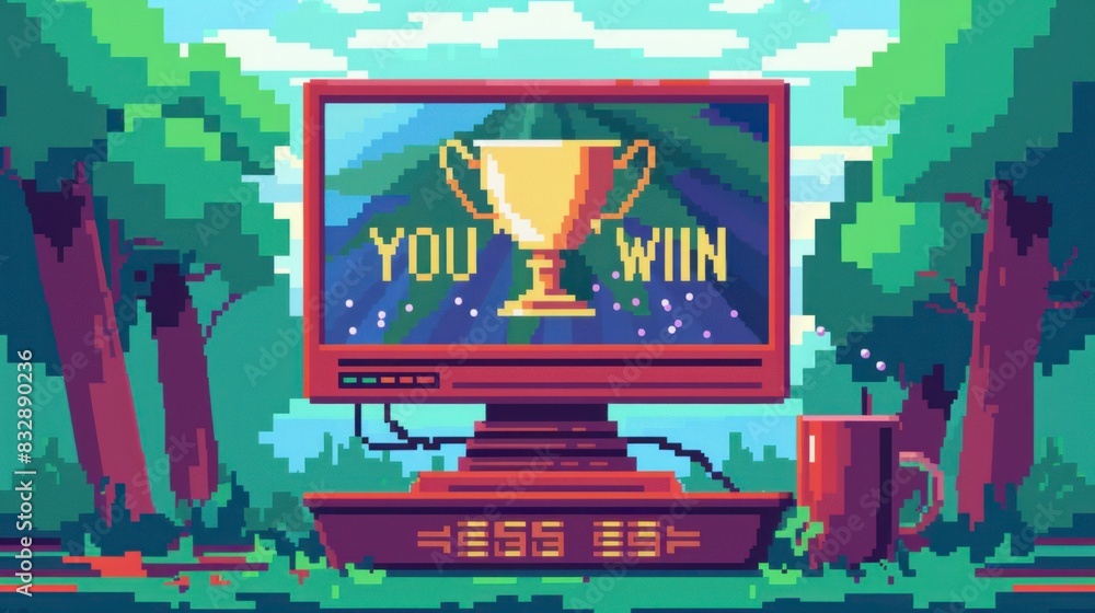 2d retro video game with a screen that says "you win" and a cup Stock ...