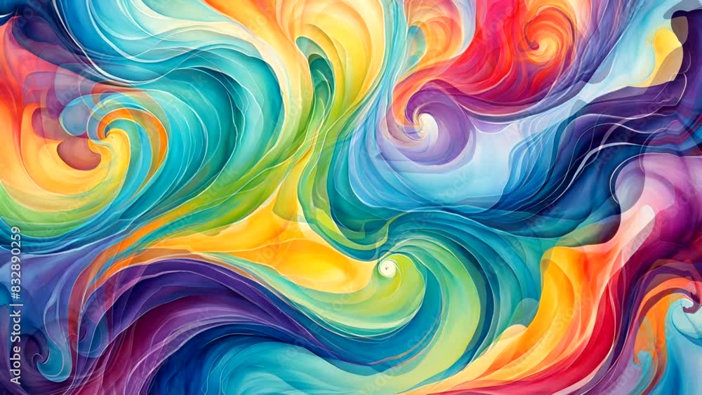 A colorful painting with swirls and waves. The colors are bright and ...
