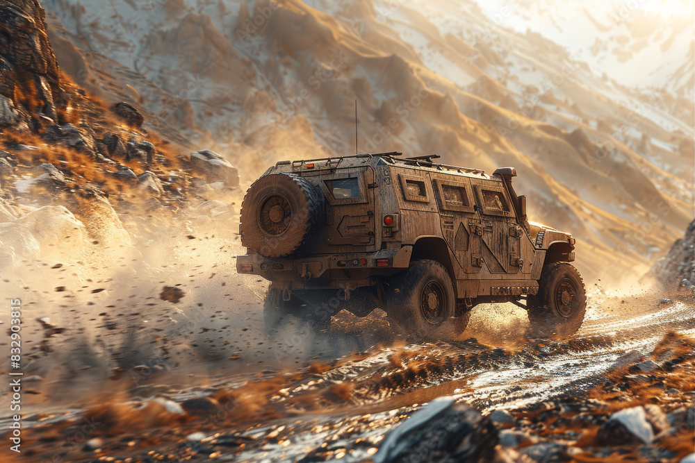 Mine-resistant ambush-protected vehicle navigating treacherous roads ...