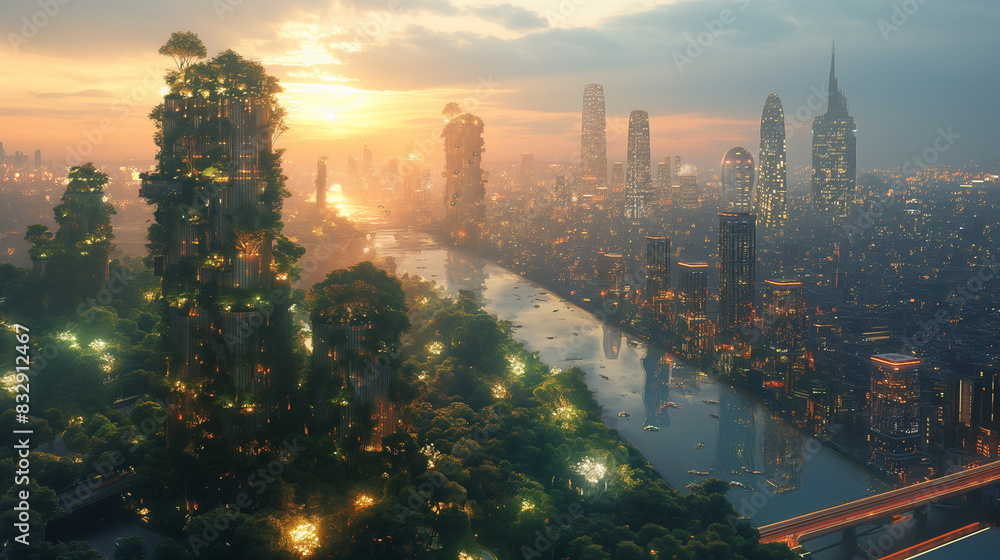 Imagine a bustling city in the year 2150, where technology and nature ...