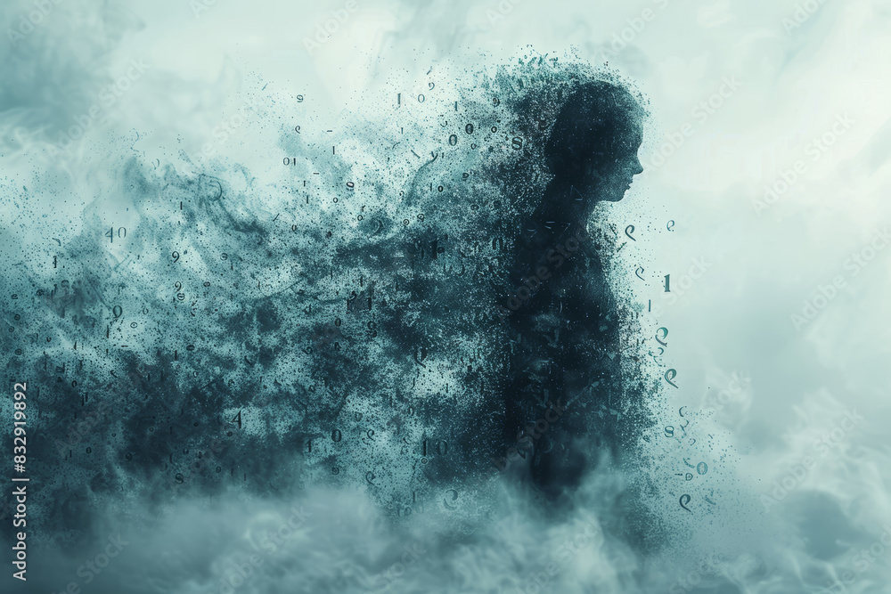 A human silhouette dissolving into a cloud of numbers. Concept of time ...