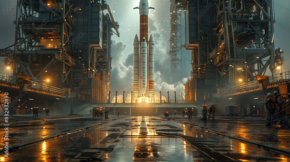 Rocket Launch at Space Center. Powerful rocket launching from a space ...