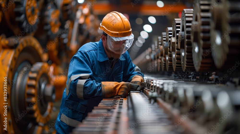 Engineer Inspecting Gears in Factory. Industrial engineer wearing ...