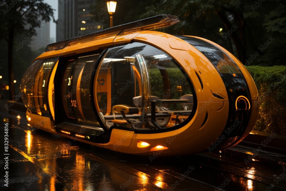 A modern electric bus designed for urban settings, featuring a sleek ...
