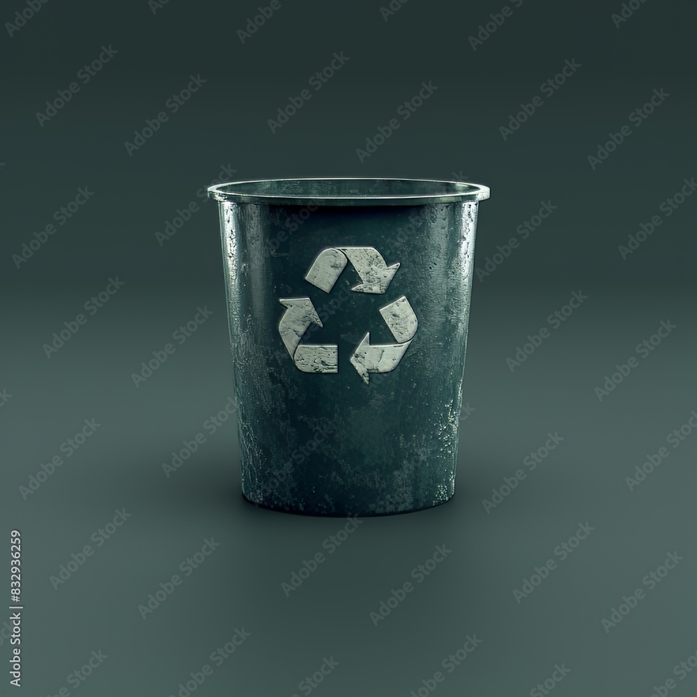 Vintage recycle icon on an old trash bin with a dark backdrop. A ...