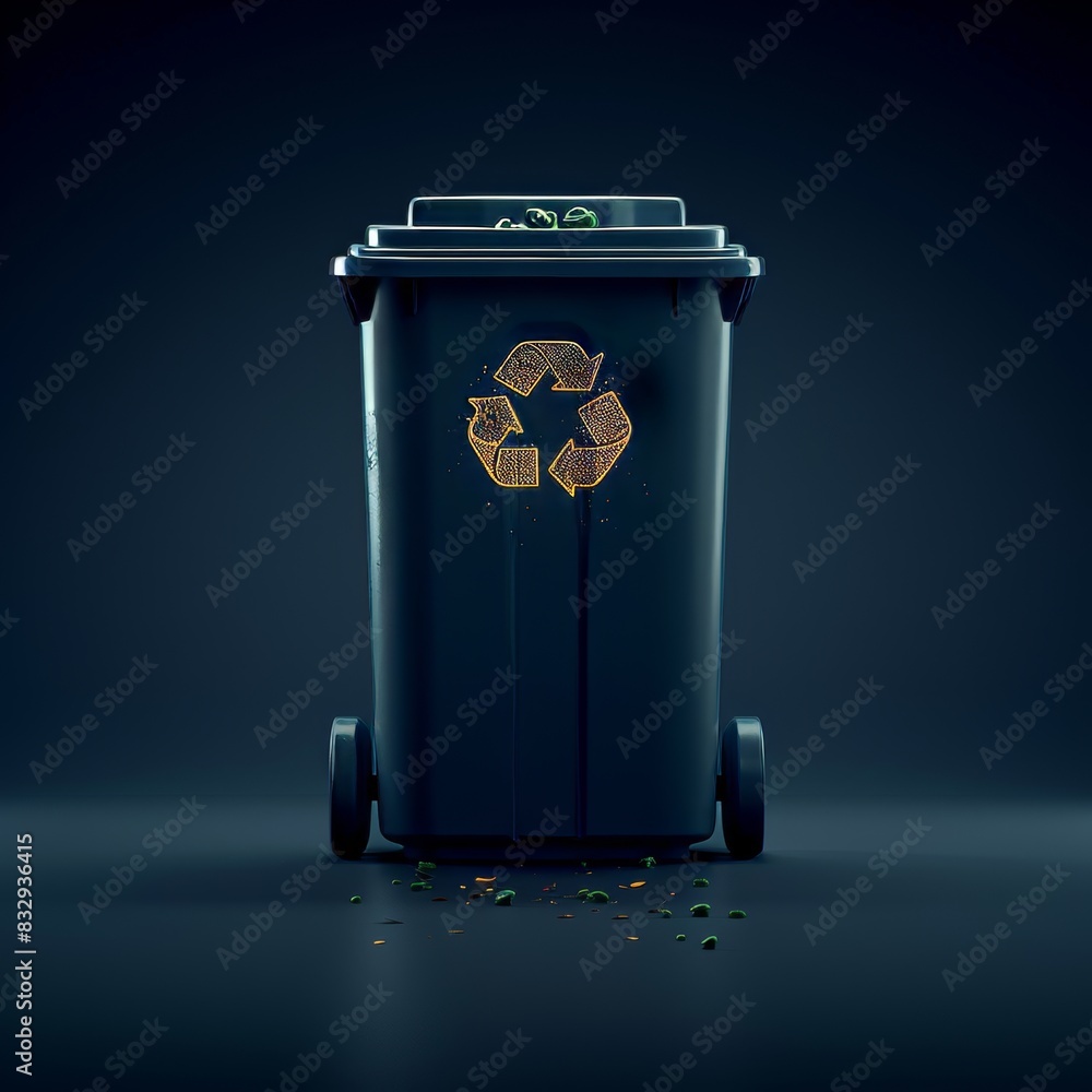 A black recycle bin with a glowing yellow symbol on the front is ...