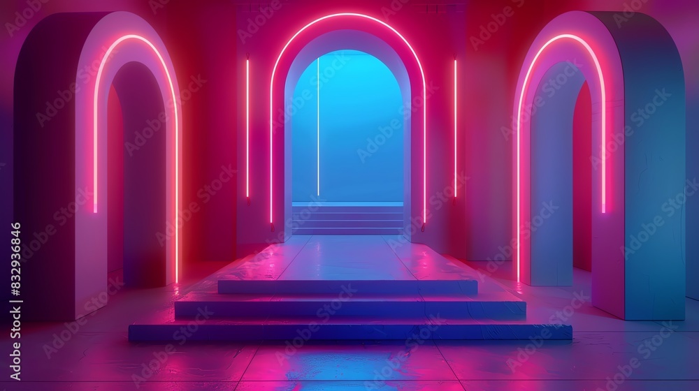 neon light installation flat design front view urban theme 3D render ...