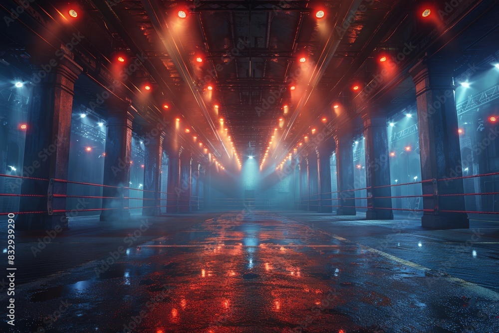 An atmospheric underground scene with vivid red lights creating a ...