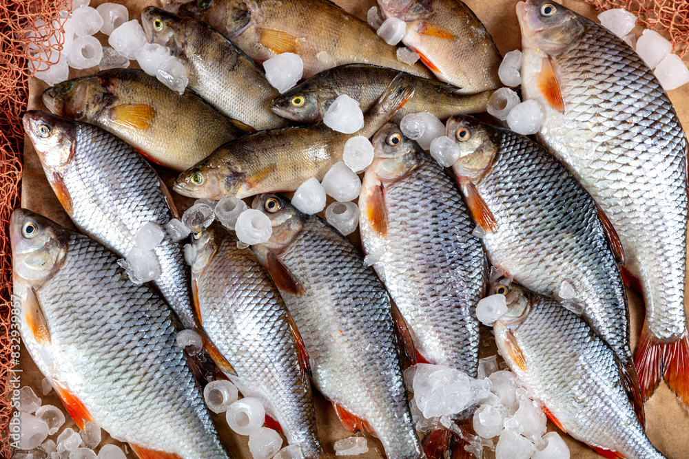 Freshwater fish carp are sold at the fishmonger's stall. Raw Greas carp ...