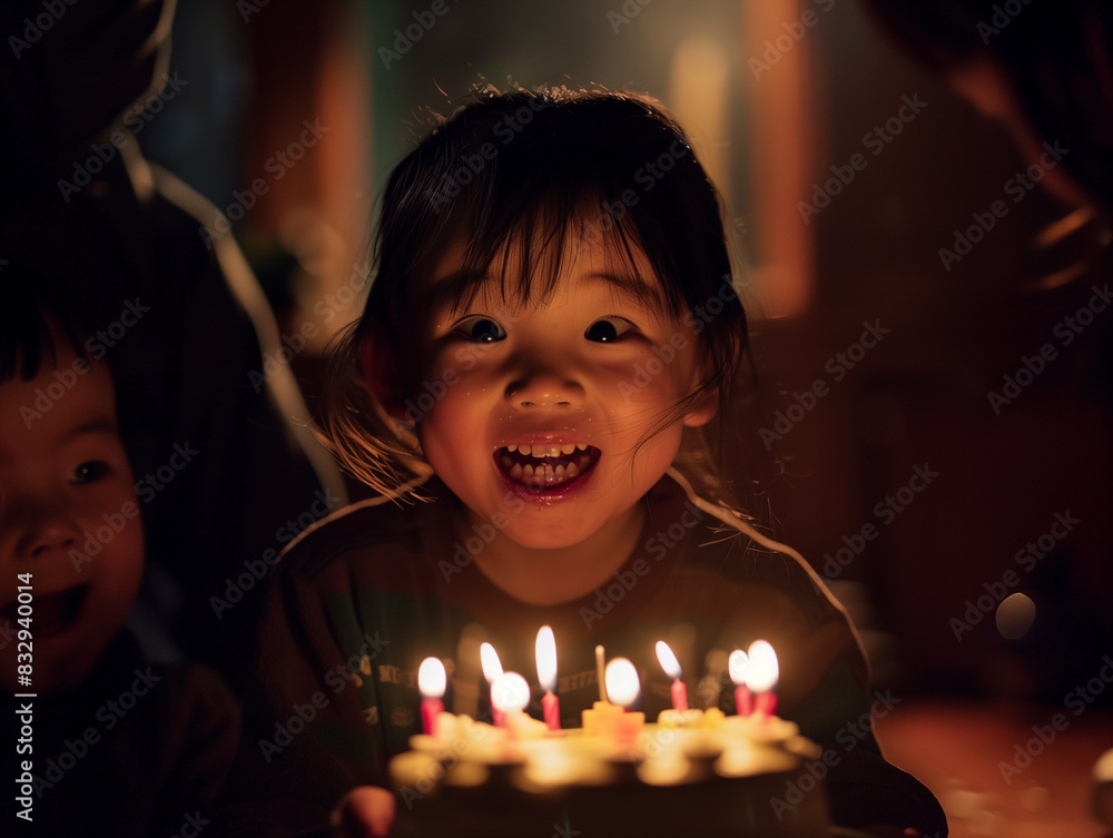 가족 친구들과 함께하는 깜짝 생일 파티 어두운 방에서 밝게 빛나는 생일 케이크와 기대가득한 얼굴로 케이크를 바라보는 어린이