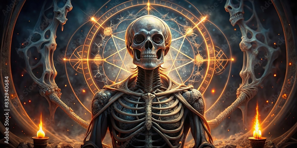 Black magic skeleton surrounded by dark energy and occult symbols Stock ...