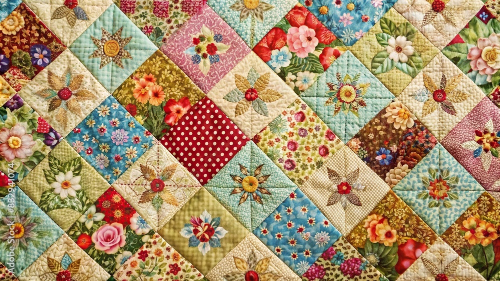 Seamless patchwork quilt linen fabric background with an intricate ...