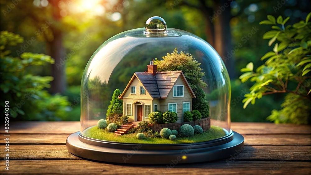 An adorable miniature house in a realistic style, encapsulated under a ...