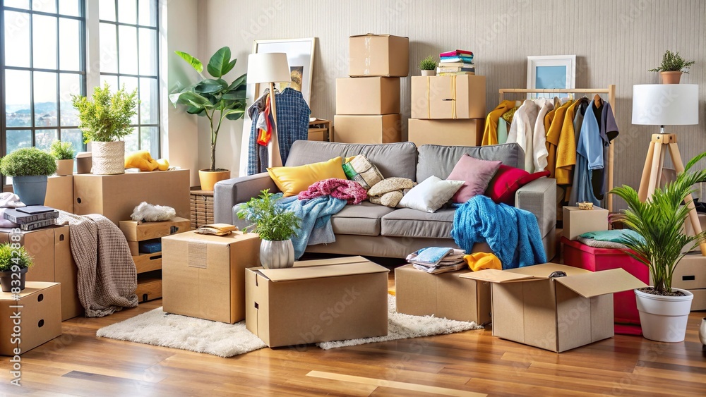 Cardboard boxes with different objects and clothes scattered inside a ...